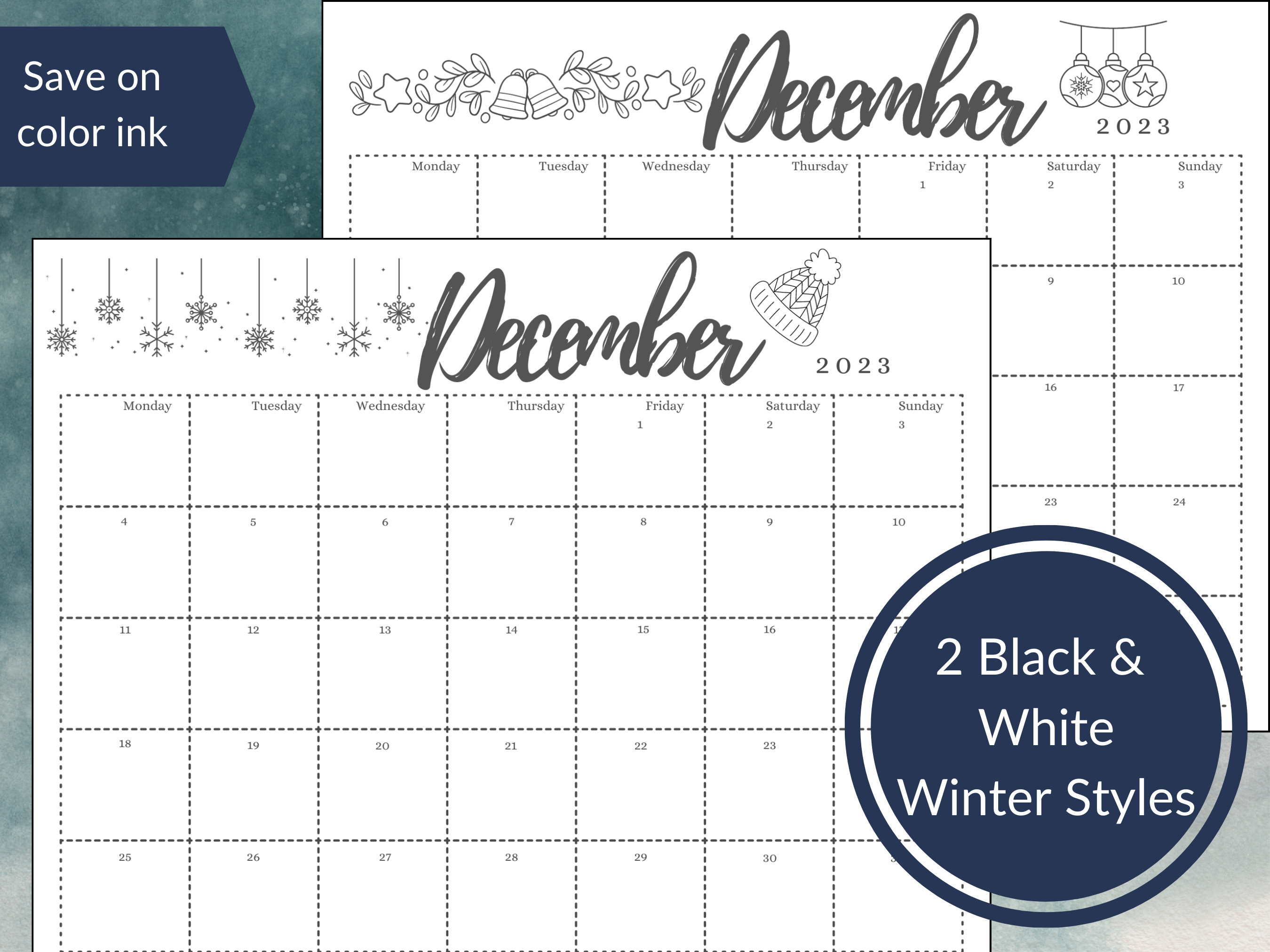 Printable December 2023 Monthly Calendar - Digital PDF - 5 Style ...