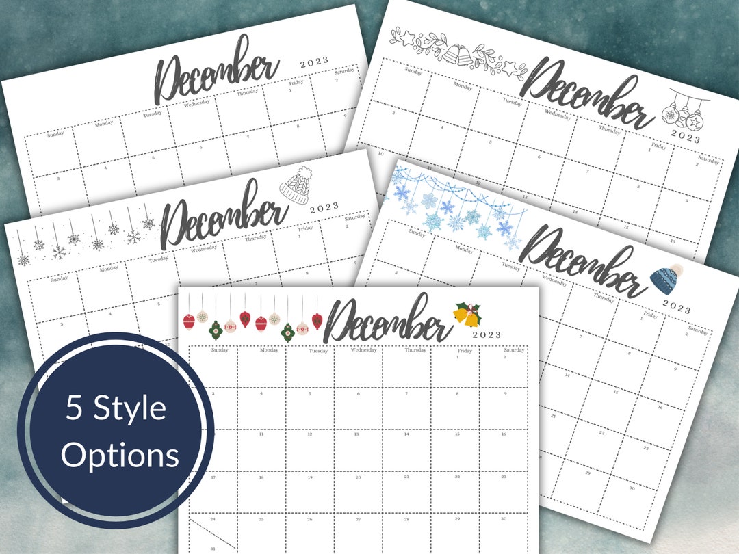 Printable December 2023 Monthly Calendar - Digital PDF - 5 Style ...
