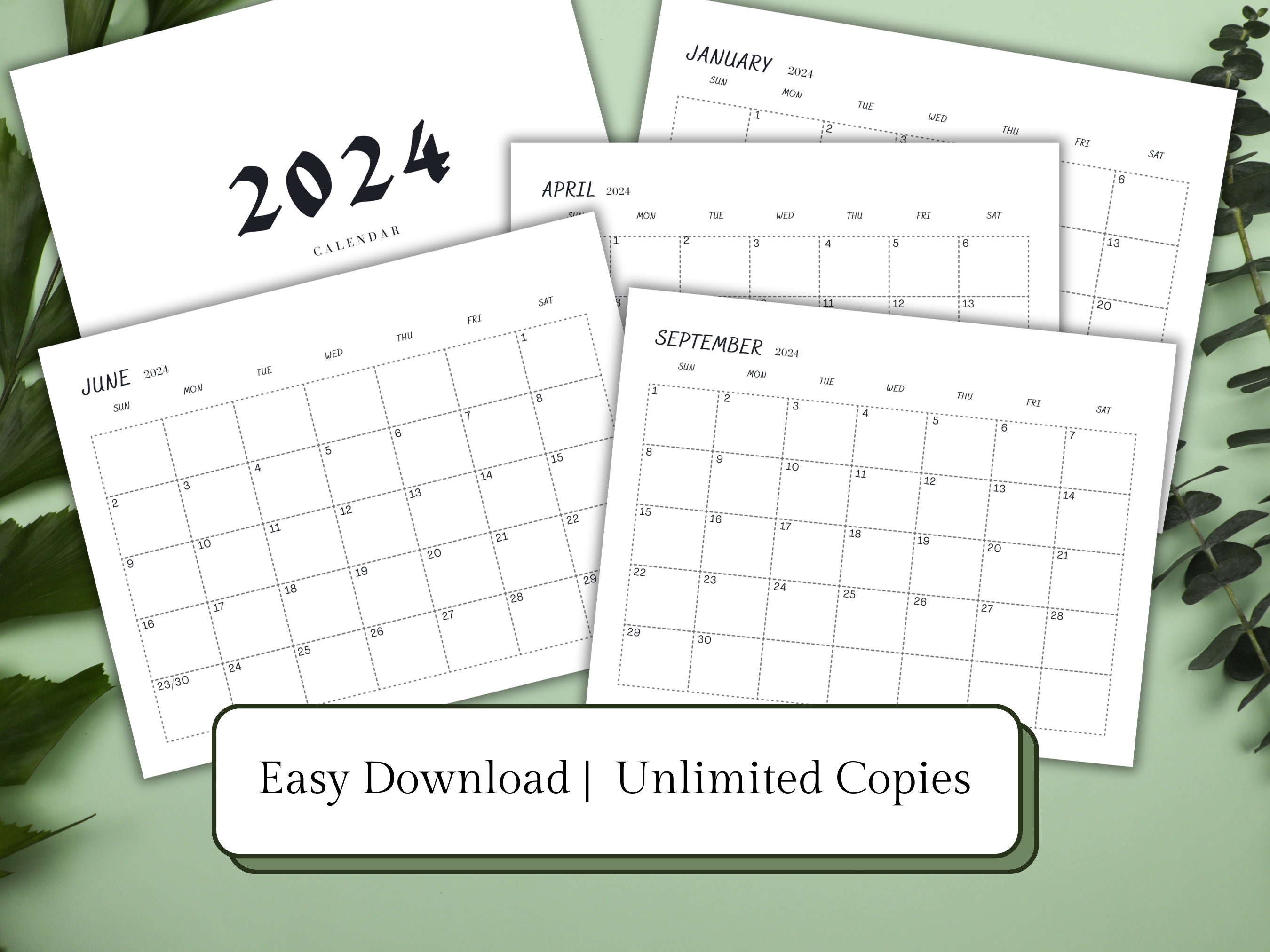 2024 Printable Minimalist Basic Monthly Calendar - Landscape Letter and ...