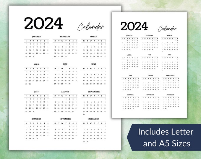 Printable Simple Minimalist 2024 Calendar Planner - Year at a Glance ...