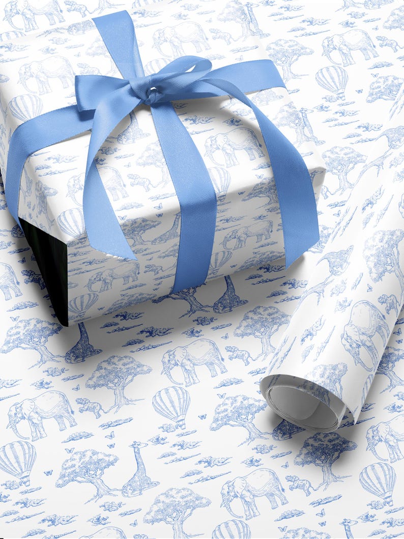 Blue Baby Shower Gift Wrapping Paper Toile Wrapping Paper Chinoiserie ...