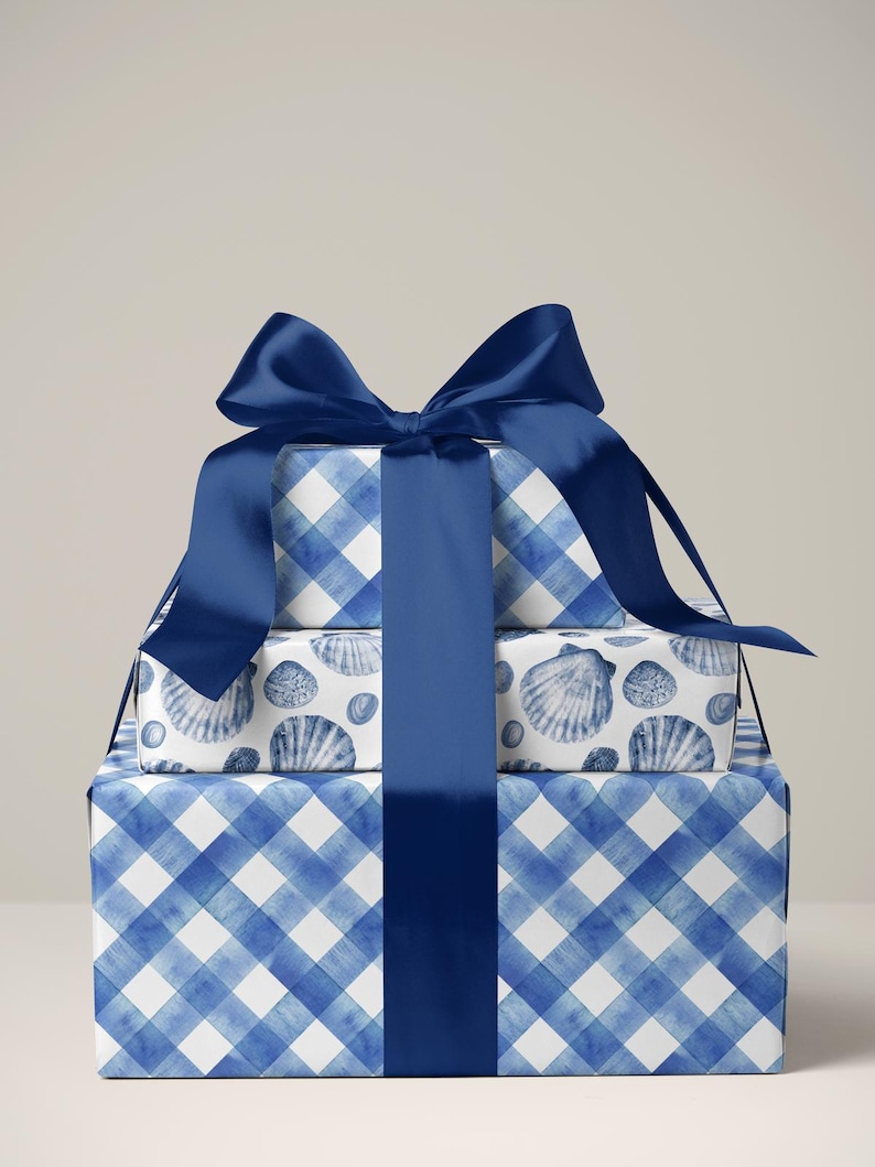 Blue Watercolor Shells Wrapping Paper Elelgant Blue Wrapping Paper ...