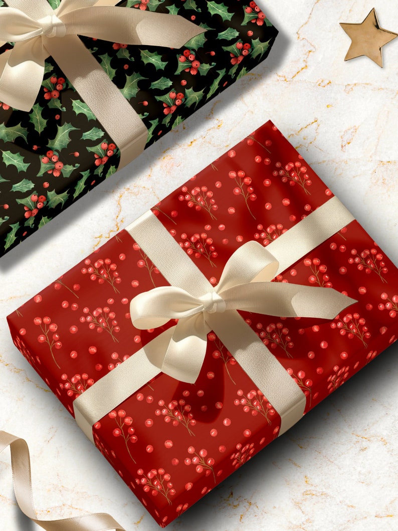 Red Berry Christmas Wrapping Paper Roll Holiday Decor Red Gift Wrapping ...