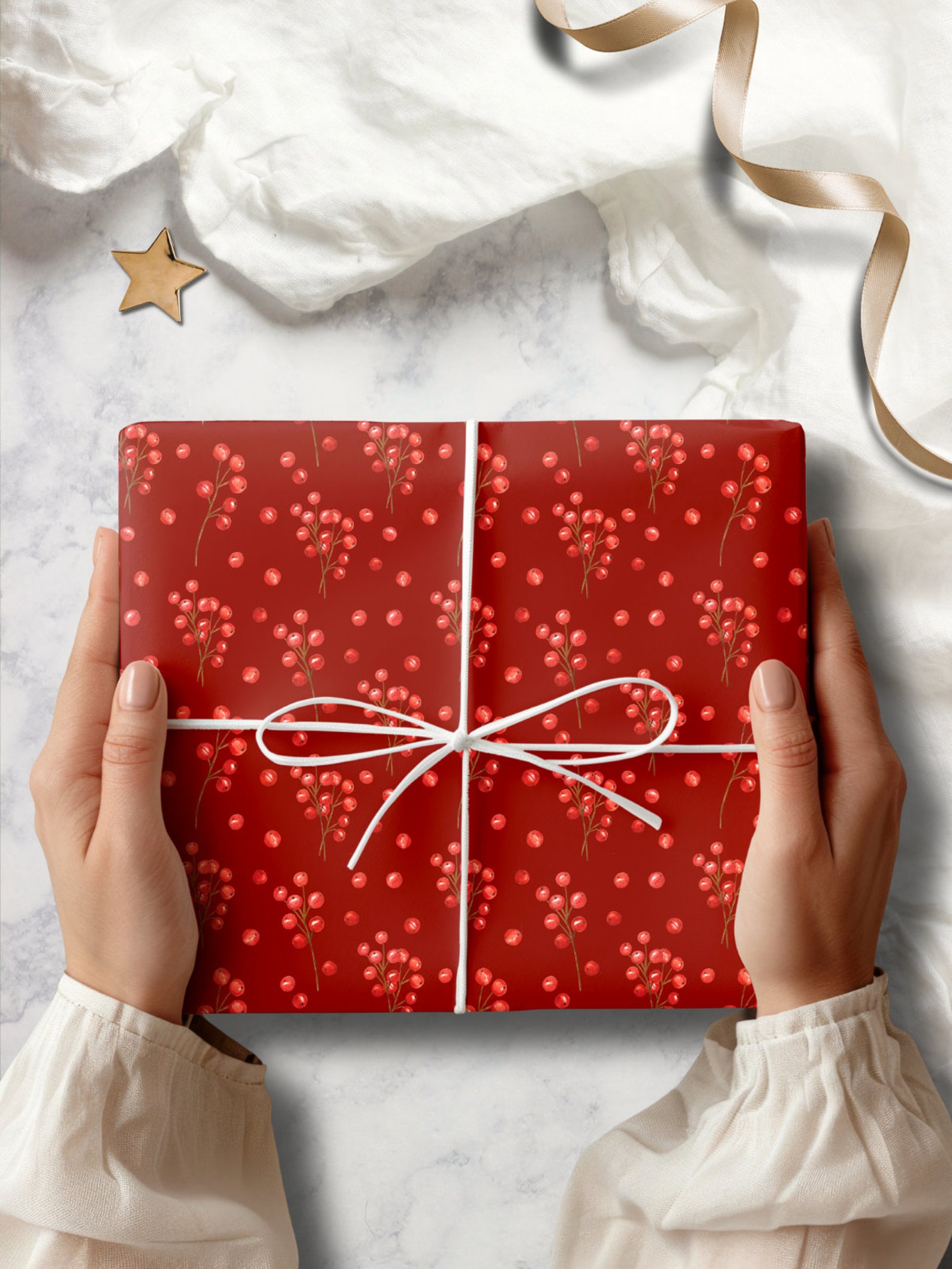 Red Berry Christmas Wrapping Paper Roll Holiday Decor Red Gift Wrapping ...