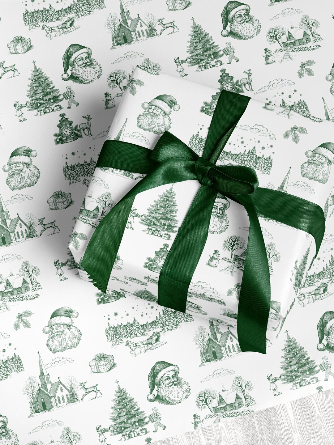 Green Toile Christmas Wrapping Paper Vintage Holiday Gift Wrap Santa ...