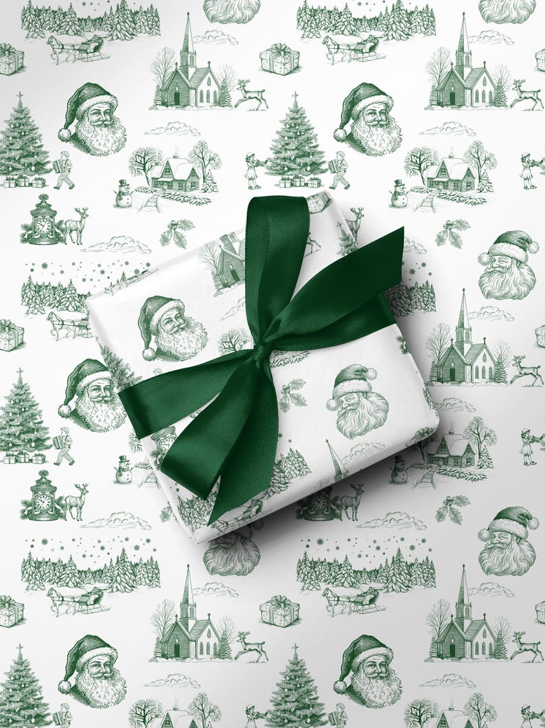 Green Toile Christmas Wrapping Paper Vintage Holiday Gift Wrap Santa ...