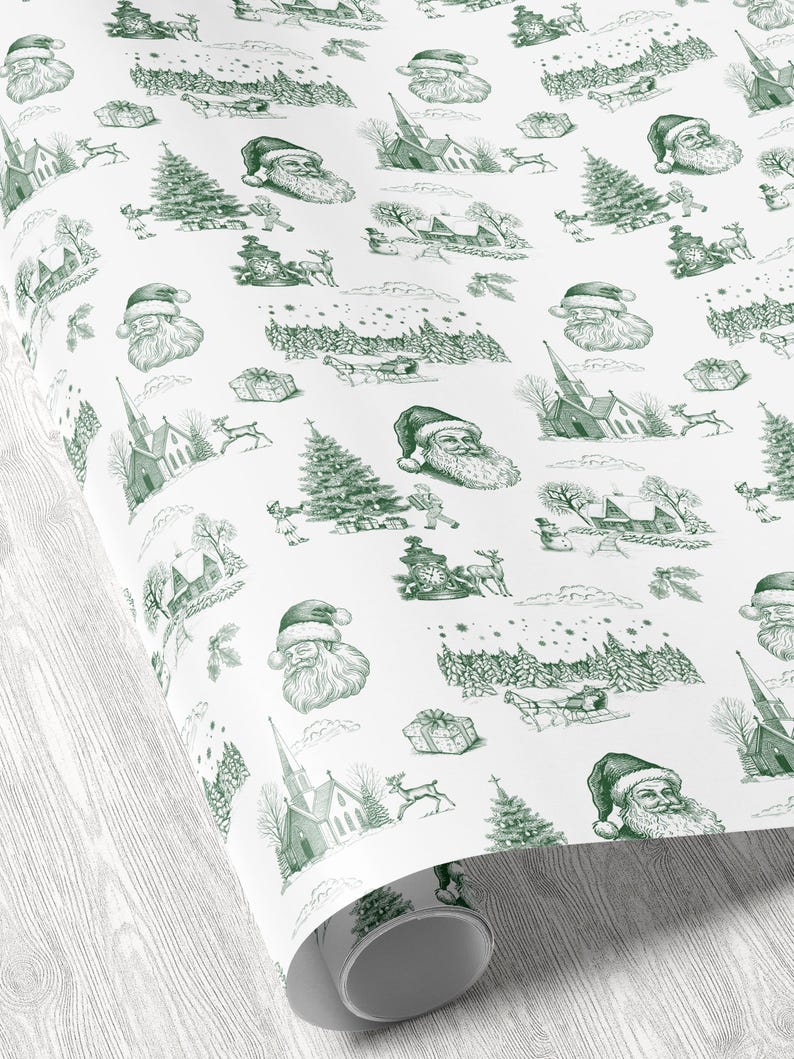 Green Toile Christmas Wrapping Paper Vintage Holiday Gift Wrap Santa ...