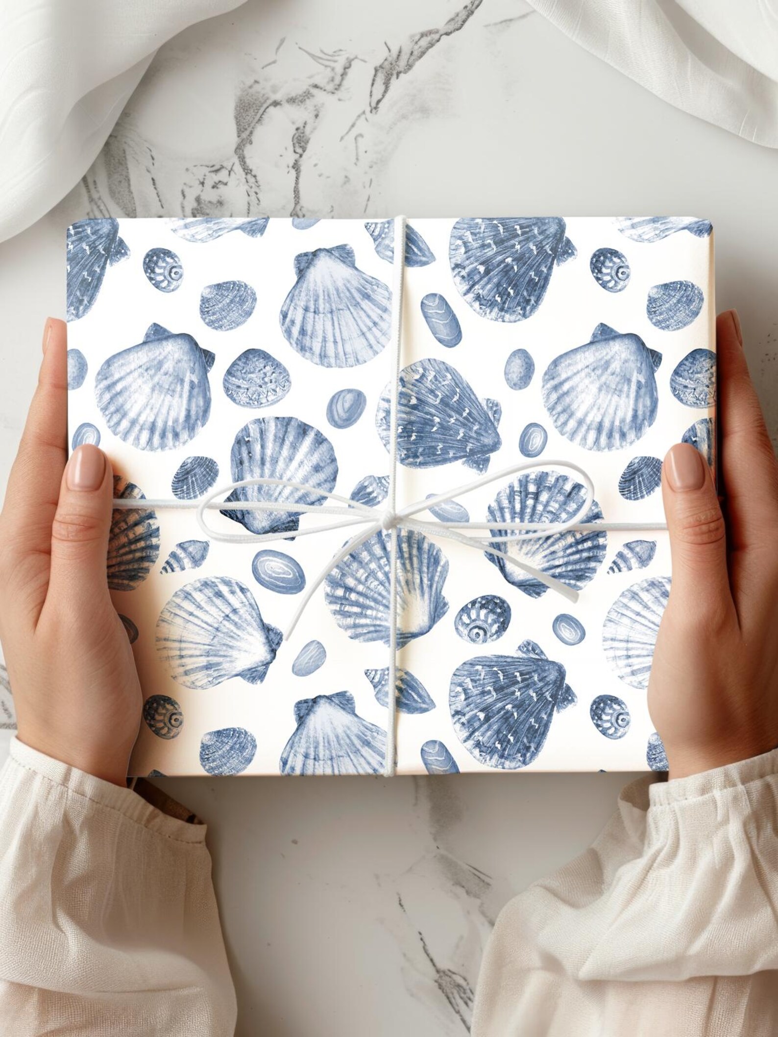 Blue Watercolor Shells Wrapping Paper Elelgant Blue Wrapping Paper Luxury Vintage Wrapping Paper ...