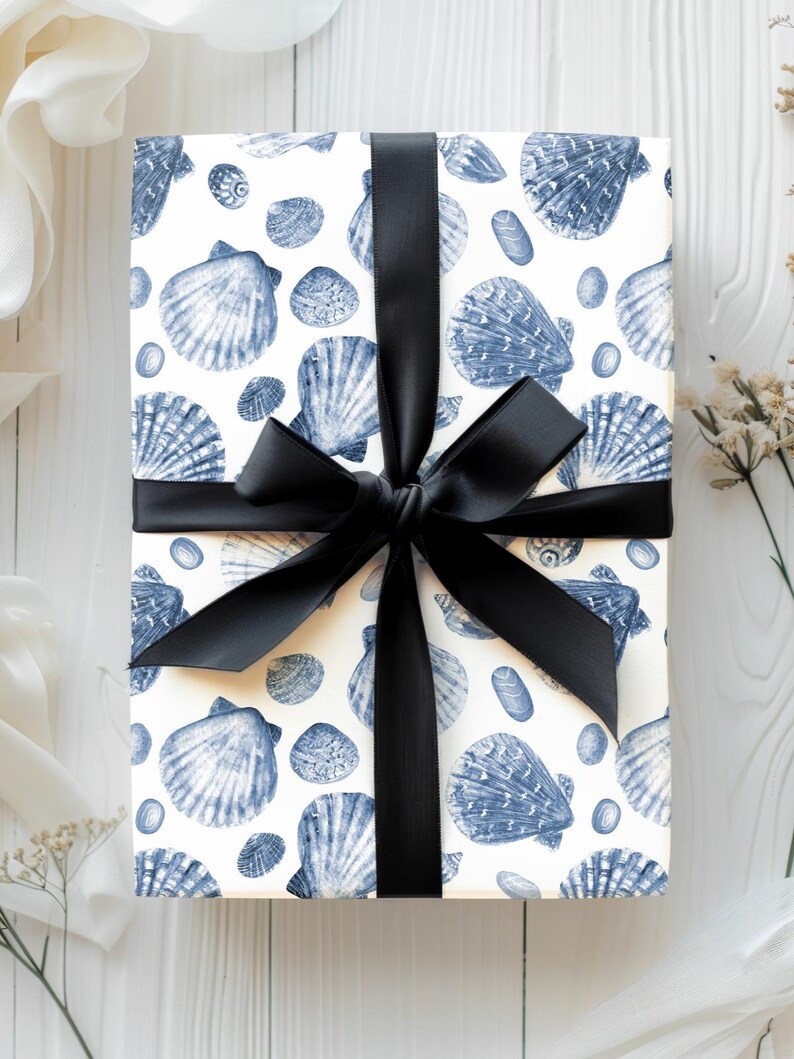 Blue Watercolor Shells Wrapping Paper Elelgant Blue Wrapping Paper ...