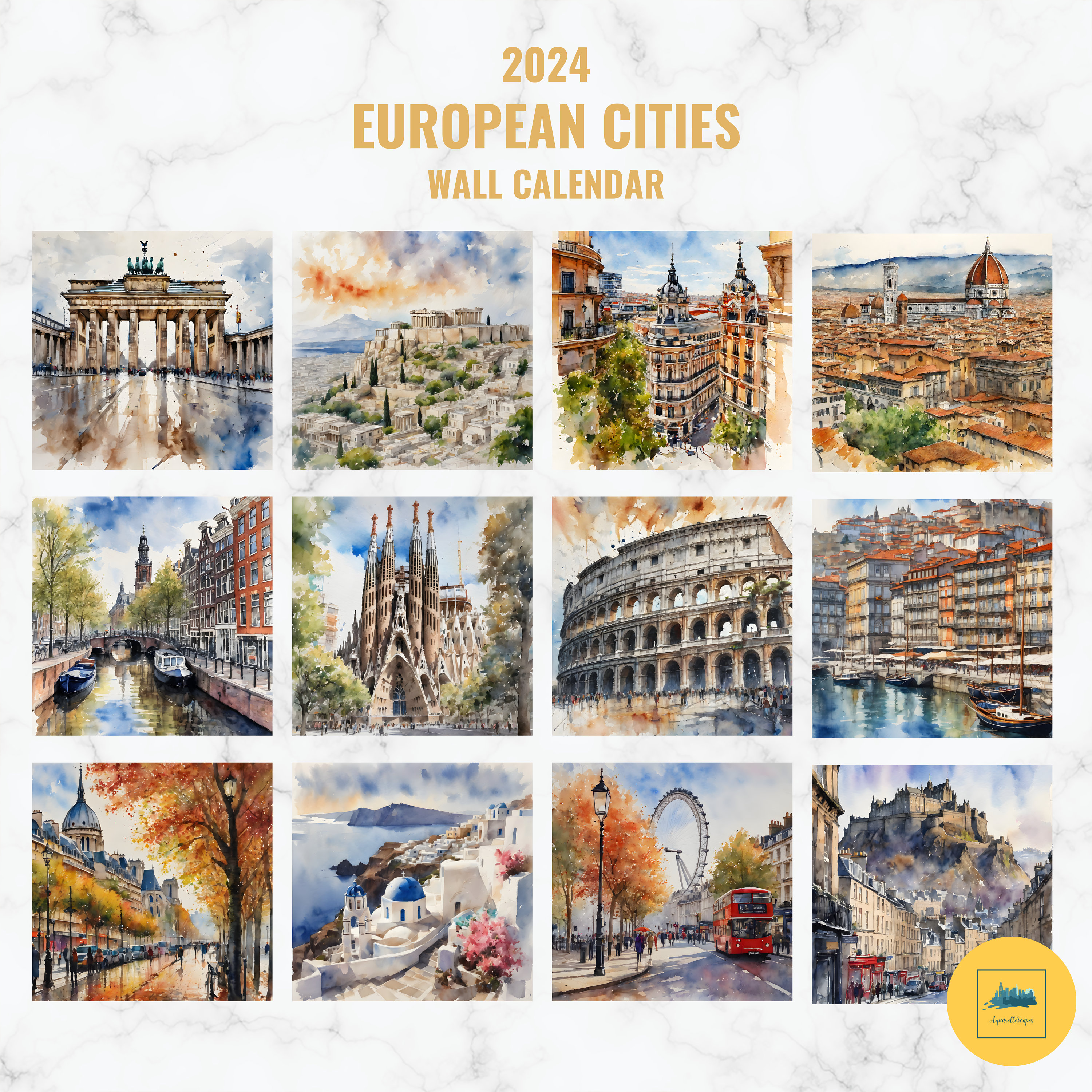 2026 European Cities Watercolor Aquarelle Wall Calendar (for Orders in ...