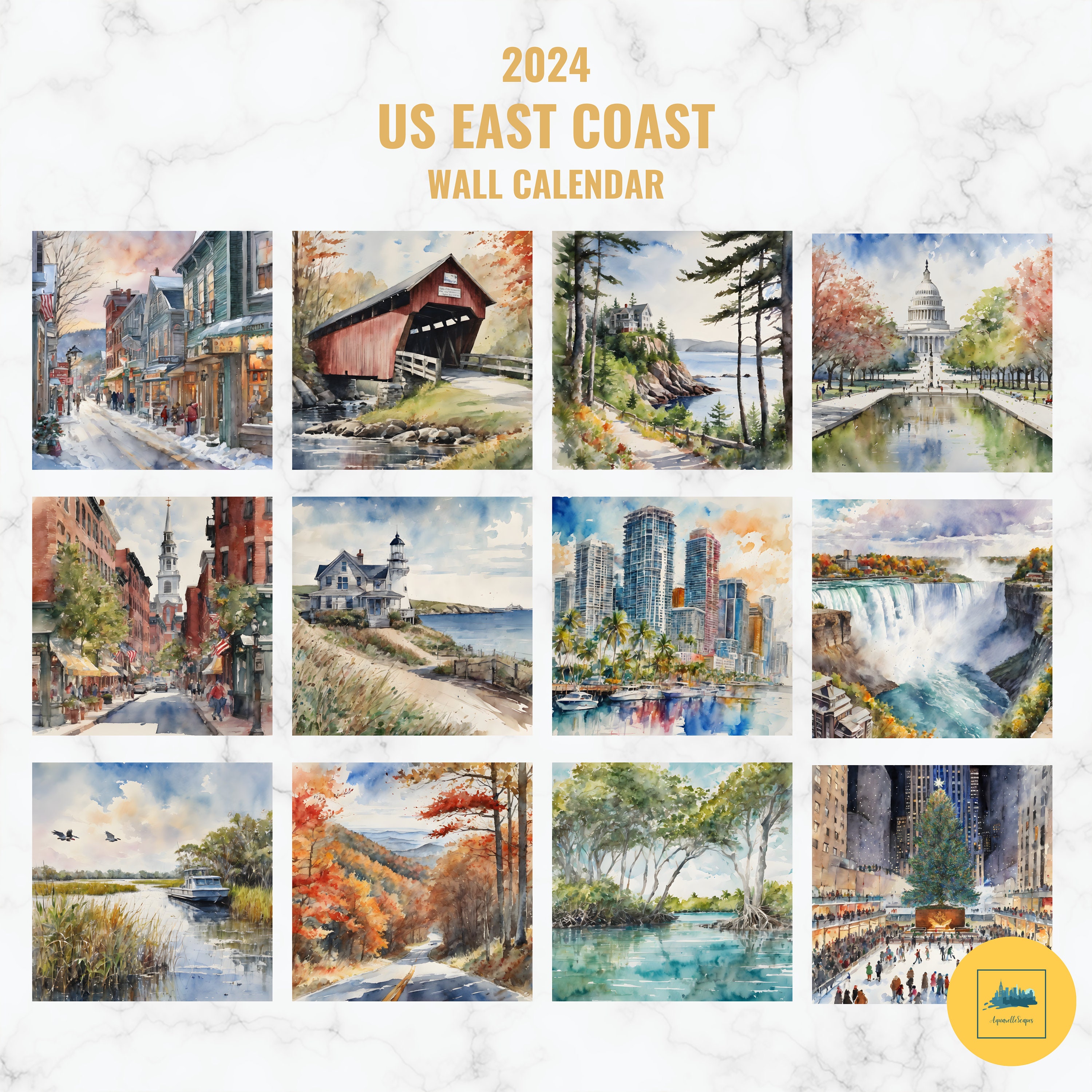 US East Coast Watercolor Aquarelle Wall Calendar 2024 US & CA - Etsy