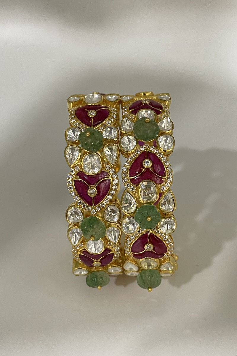 92.5 Sterling Silver Moissanite Polki Bangle, Ruby Colord Gemstone, Uncute Moissanite Polki, 2-4 ...