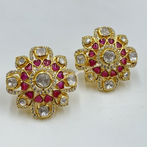 Moissanite Polki Stud Earrings, Ruby Color Stone Earrings, 22K Gold Plated Stud Earrings, Travel ...