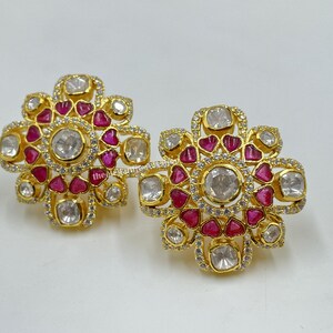 Moissanite Polki Stud Earrings, Ruby Color Stone Earrings, 22K Gold Plated Stud Earrings, Travel ...
