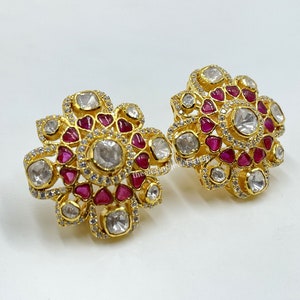 Moissanite Polki Stud Earrings, Ruby Color Stone Earrings, 22K Gold Plated Stud Earrings, Travel ...
