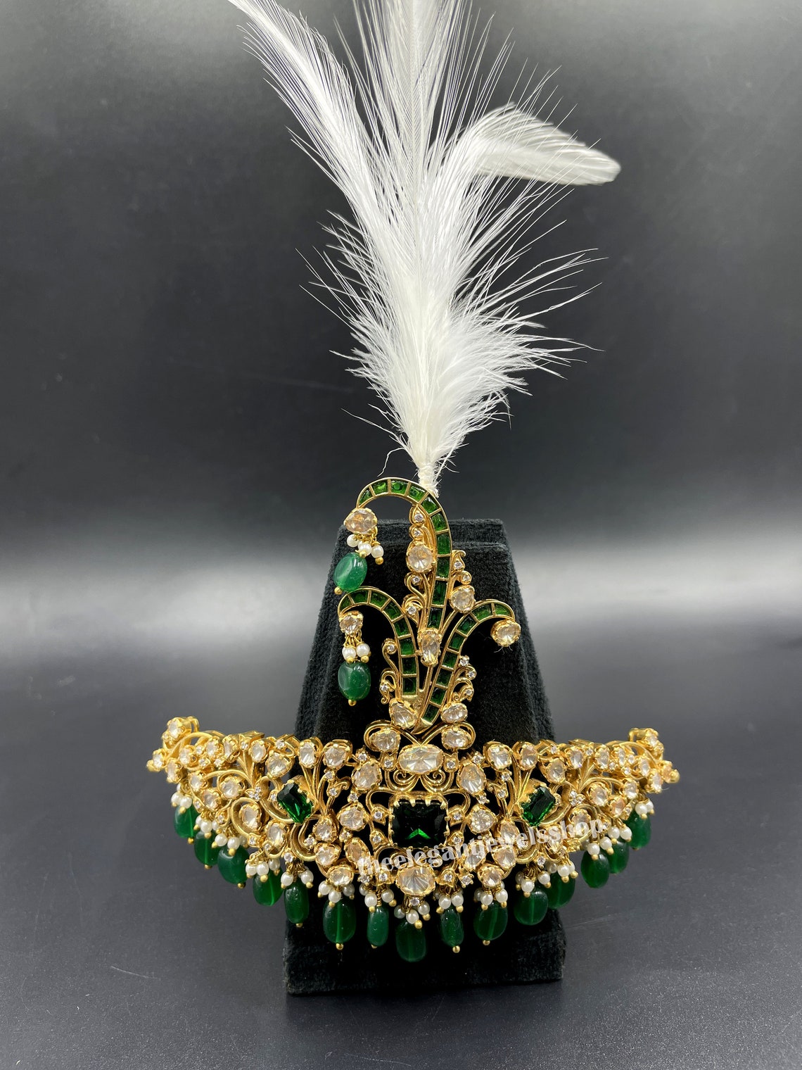 Moissanite Polki Kalgi With Feather for Groom, Emerald Color Stone 925 ...