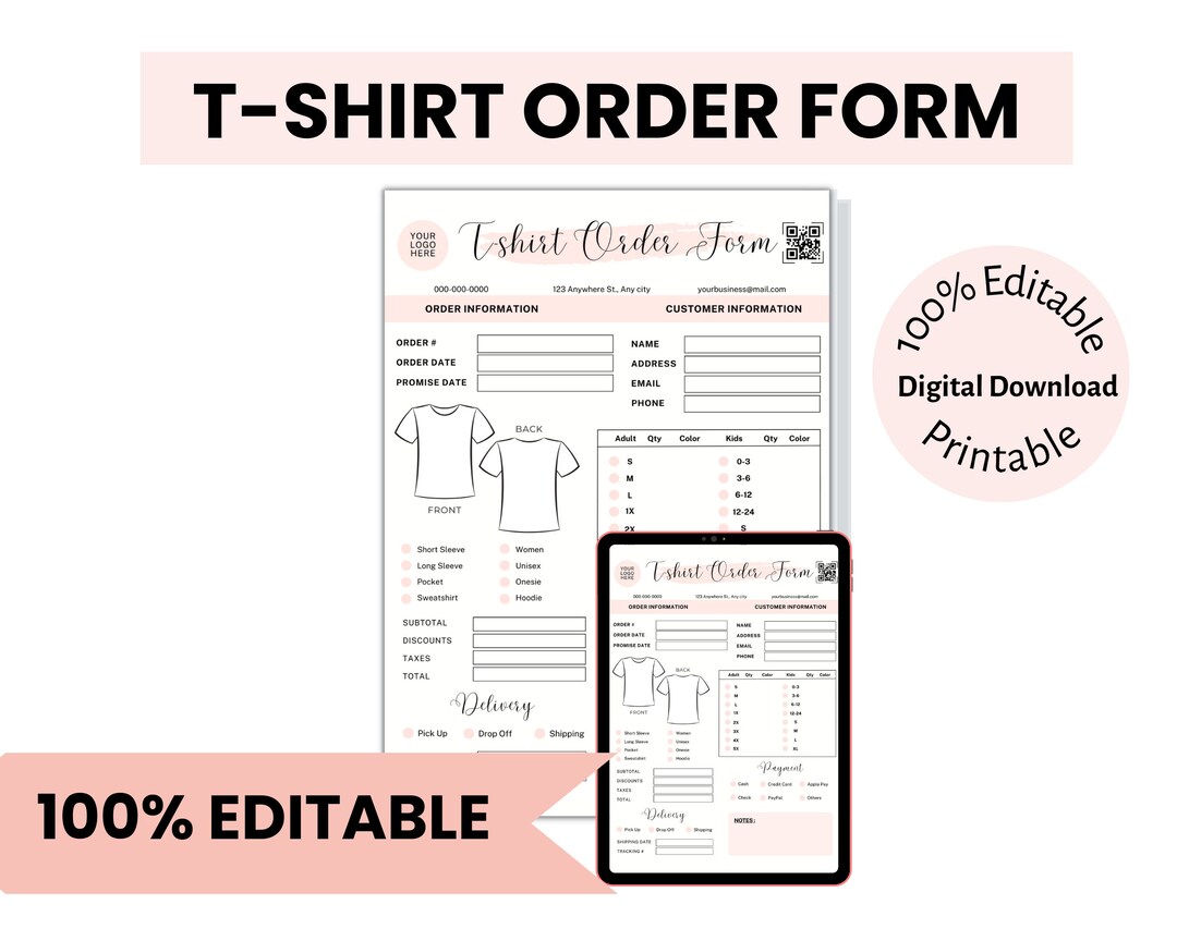 T-shirt Order Form Editable Printable PDF for Small - Etsy