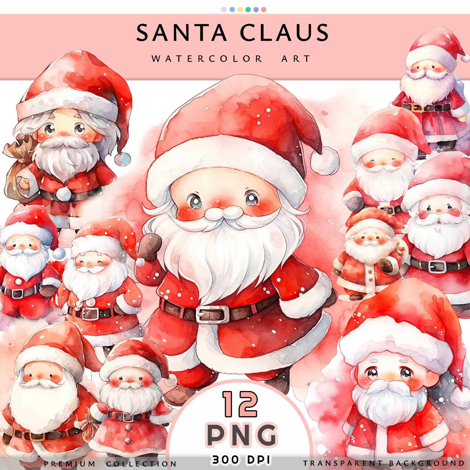 Santa Claus Watercolor Clipart, Christmas Clipart, Card Making, Cute ...