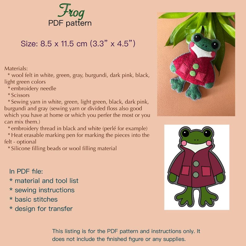 Felt Frog Wearing Coat PDF Pattern, Cute Toad Ornament, DIY Frog Sewing ...