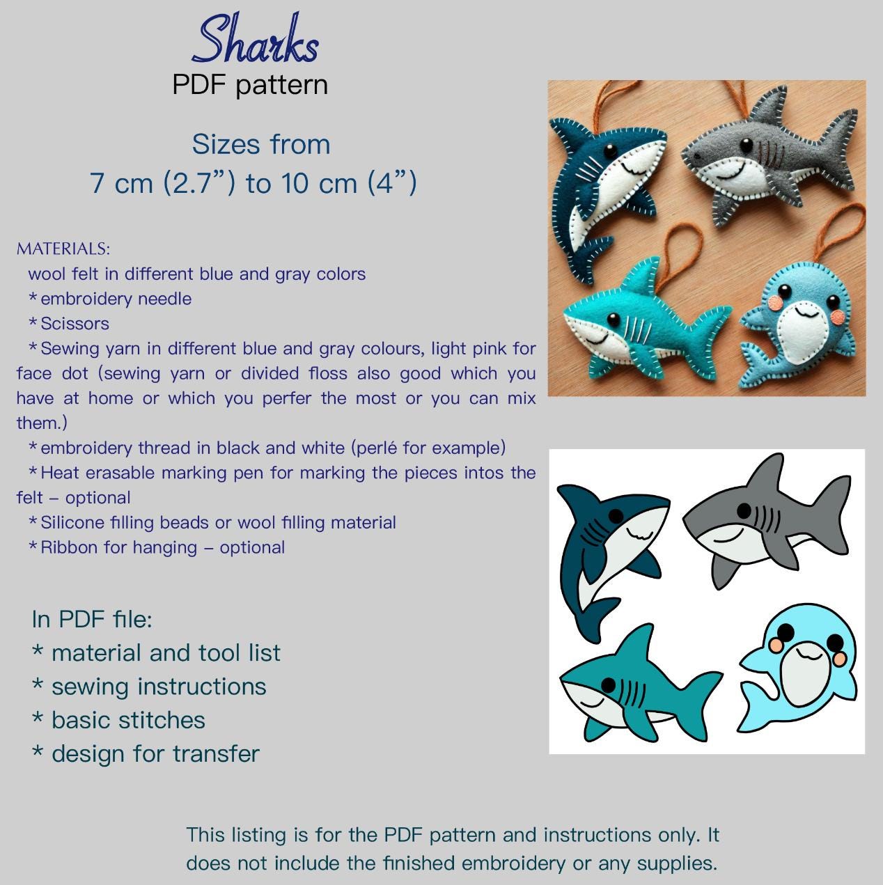 Felt Sharks PDF Pattern, Felt Ocean Animals Sewing PDF, Hand Sewing ...