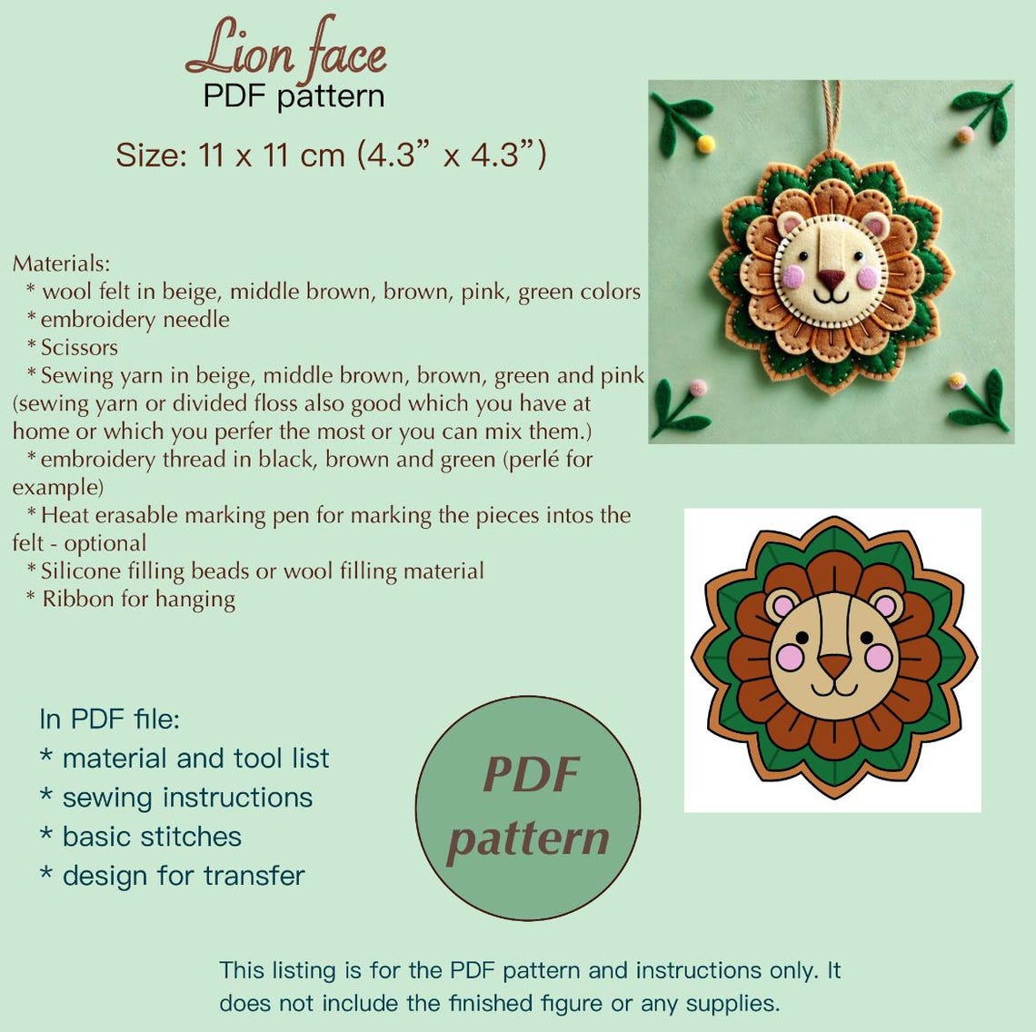 Felt Lion Face PDF Pattern, Felted Woodland Animal Ornament, DIY ...