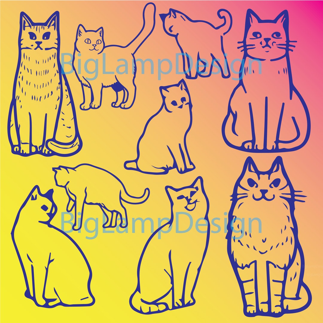 50 Outlines of Cats SVG & PNG Instant File Download Clipart Vector for ...
