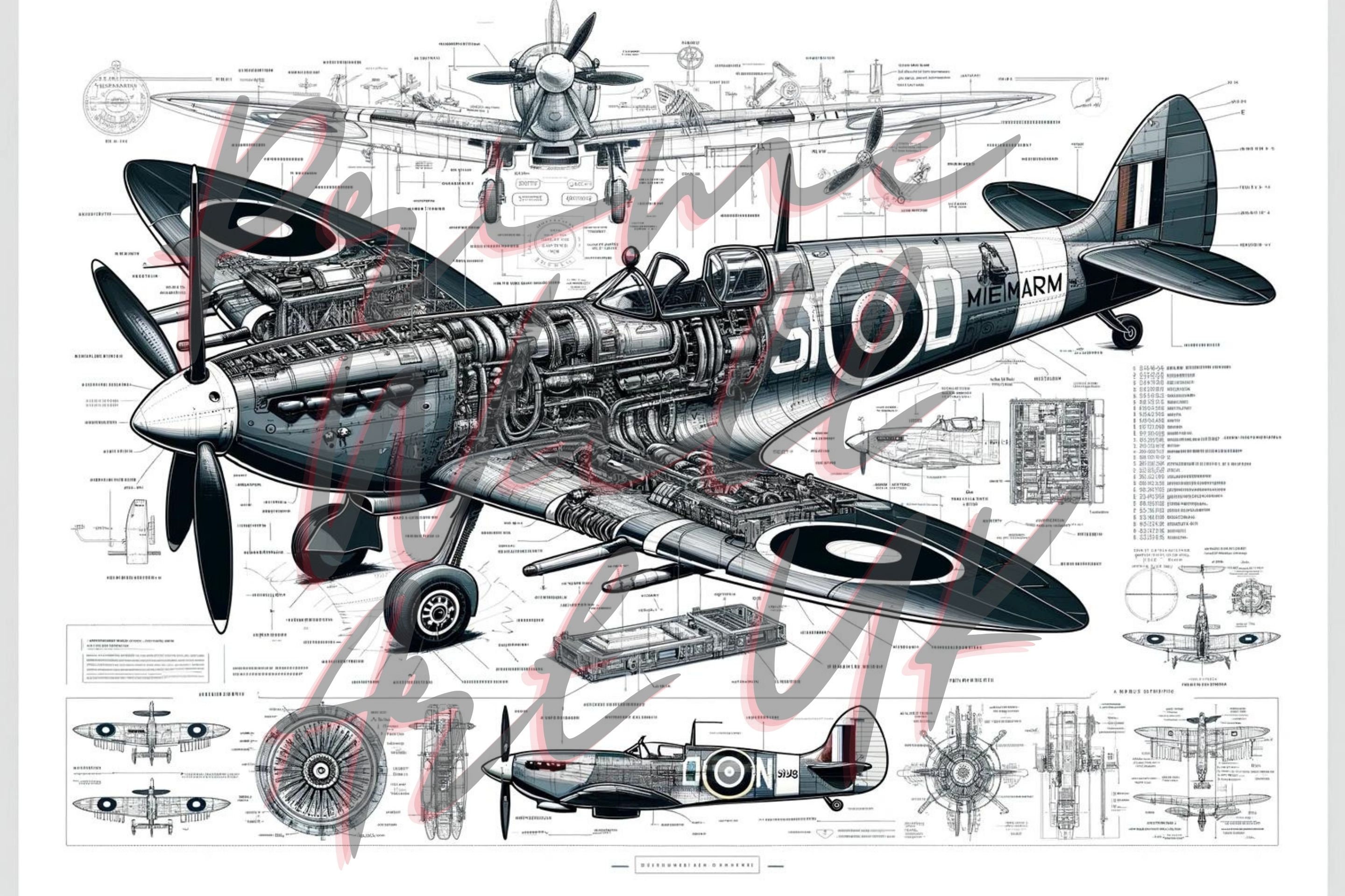 Spitfire WW2 RAF Canvas Poster Technical Sketch Wall Art Digital ...
