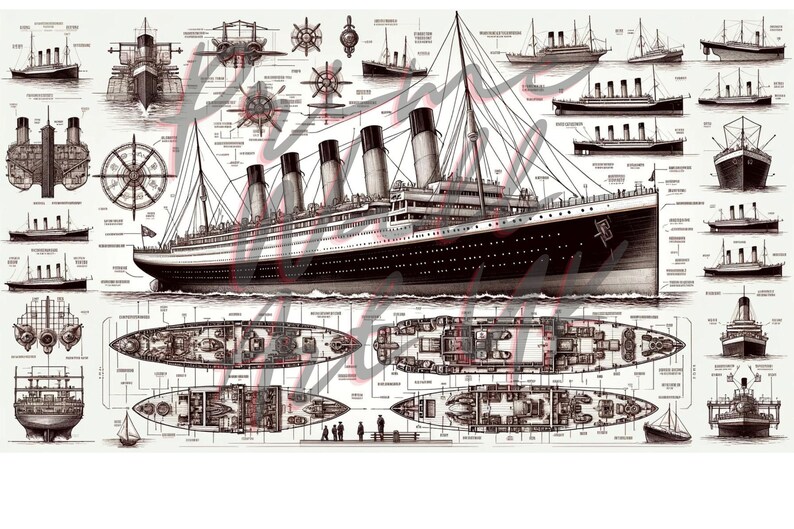 RMS Titanic Canvas Poster Technical Sketch Ship Wall Art Digital ...