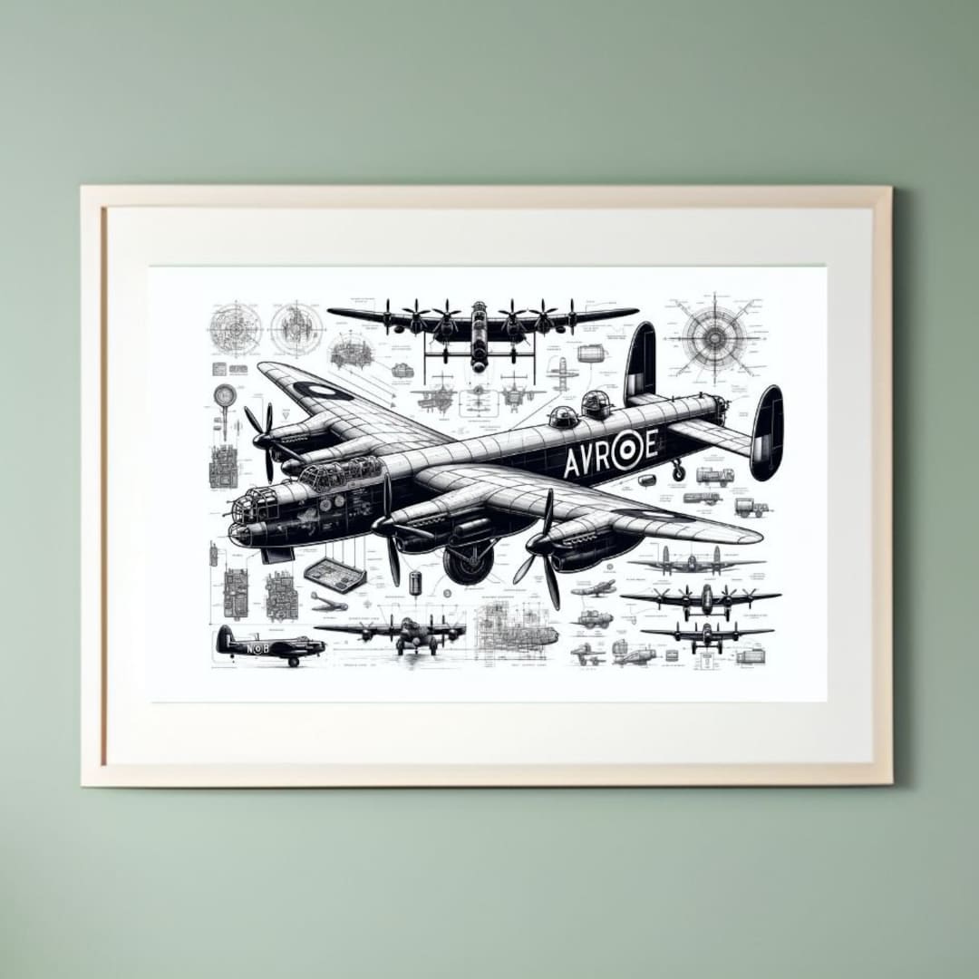 Lancaster WW2 RAF Canvas Poster Avro Bomber Technical Sketch Wall Art ...
