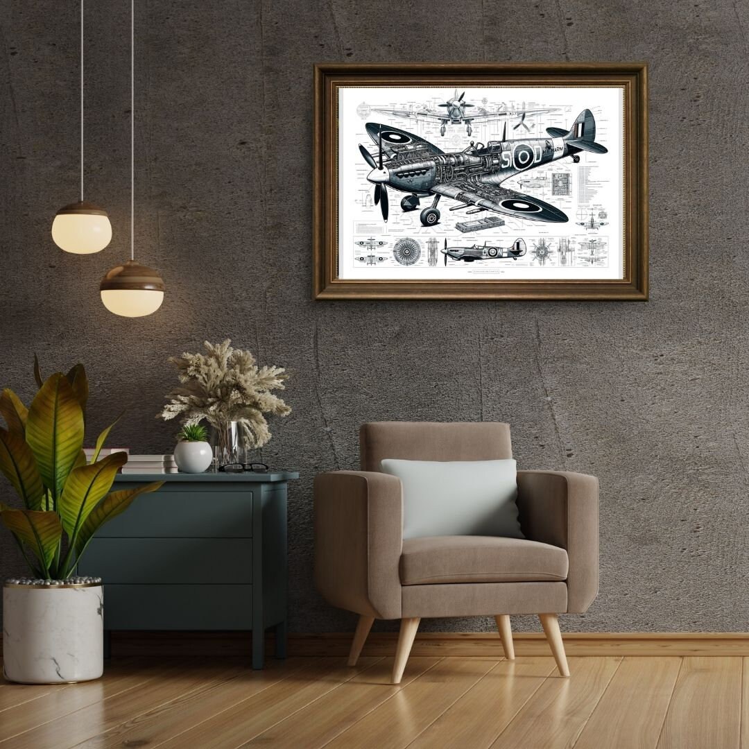 Spitfire WW2 RAF Canvas Poster Technical Sketch Wall Art Digital ...