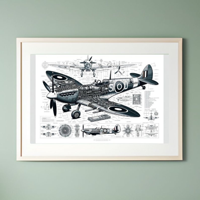 Spitfire WW2 RAF Canvas Poster Technical Sketch Wall Art Digital ...