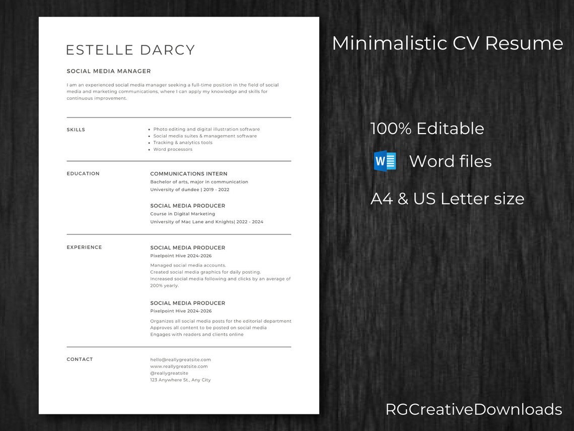 CV Minimalist Resume, CV Word, Cover Letter, Changeable, Aesthetic ...