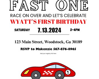 FAST ONE First Birthday Party Invitation Template Double Sided Editable ...