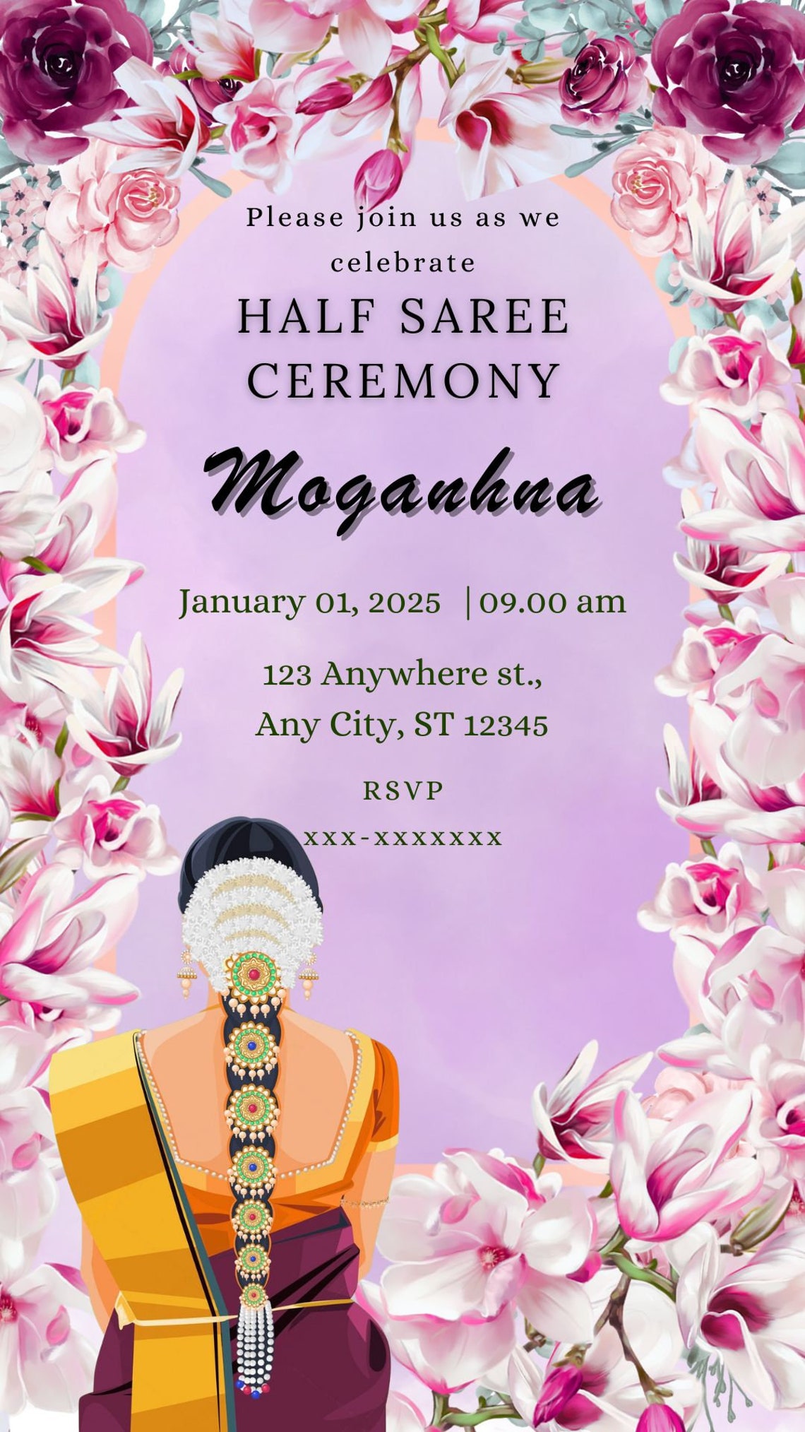 Half Saree Ceremony Invitation: Floral Digital Template (canva Editable ...