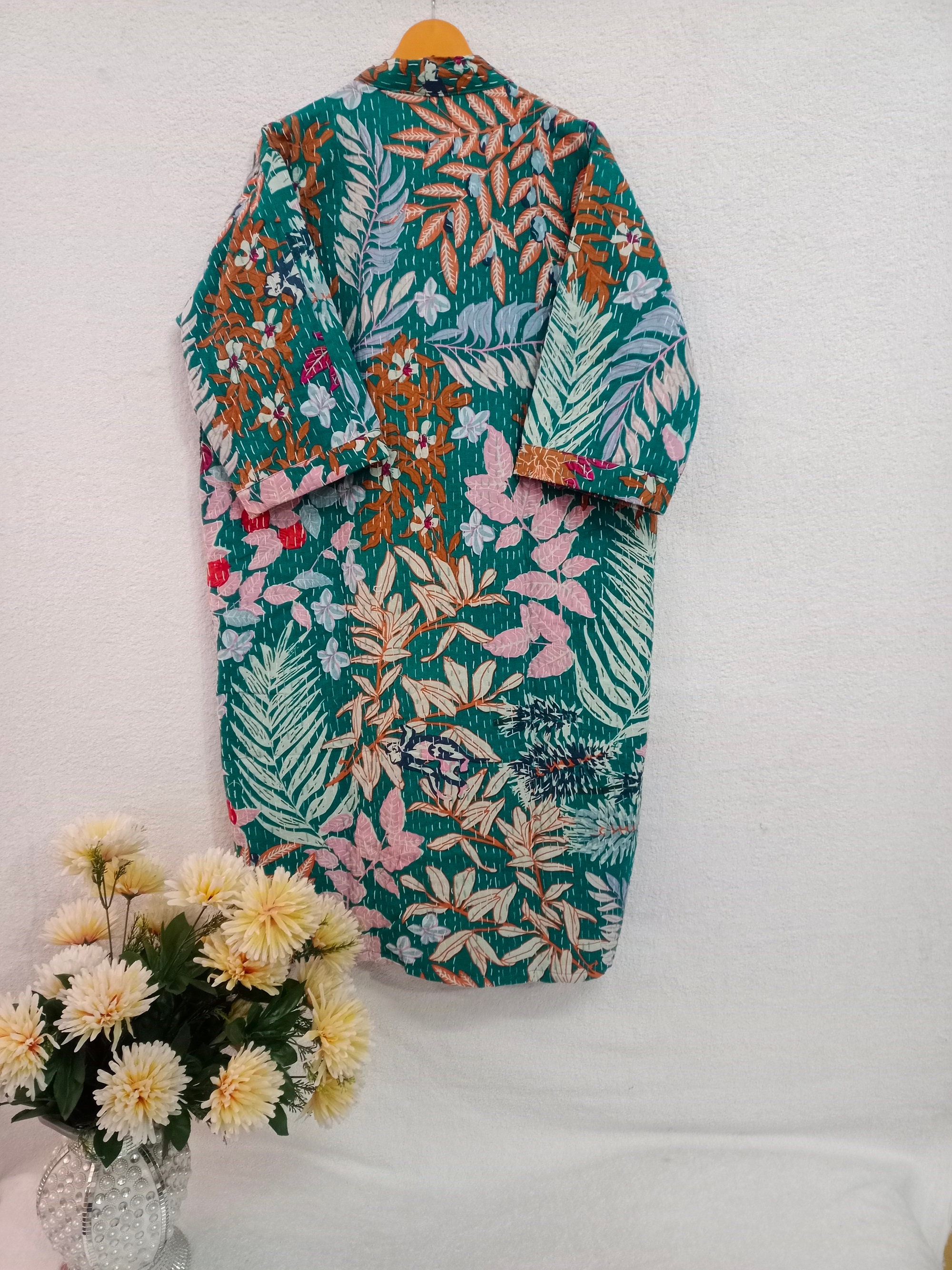 Women's Beach Bikini Cover up Robe, Jaipuri Print Handmade Kantha ...