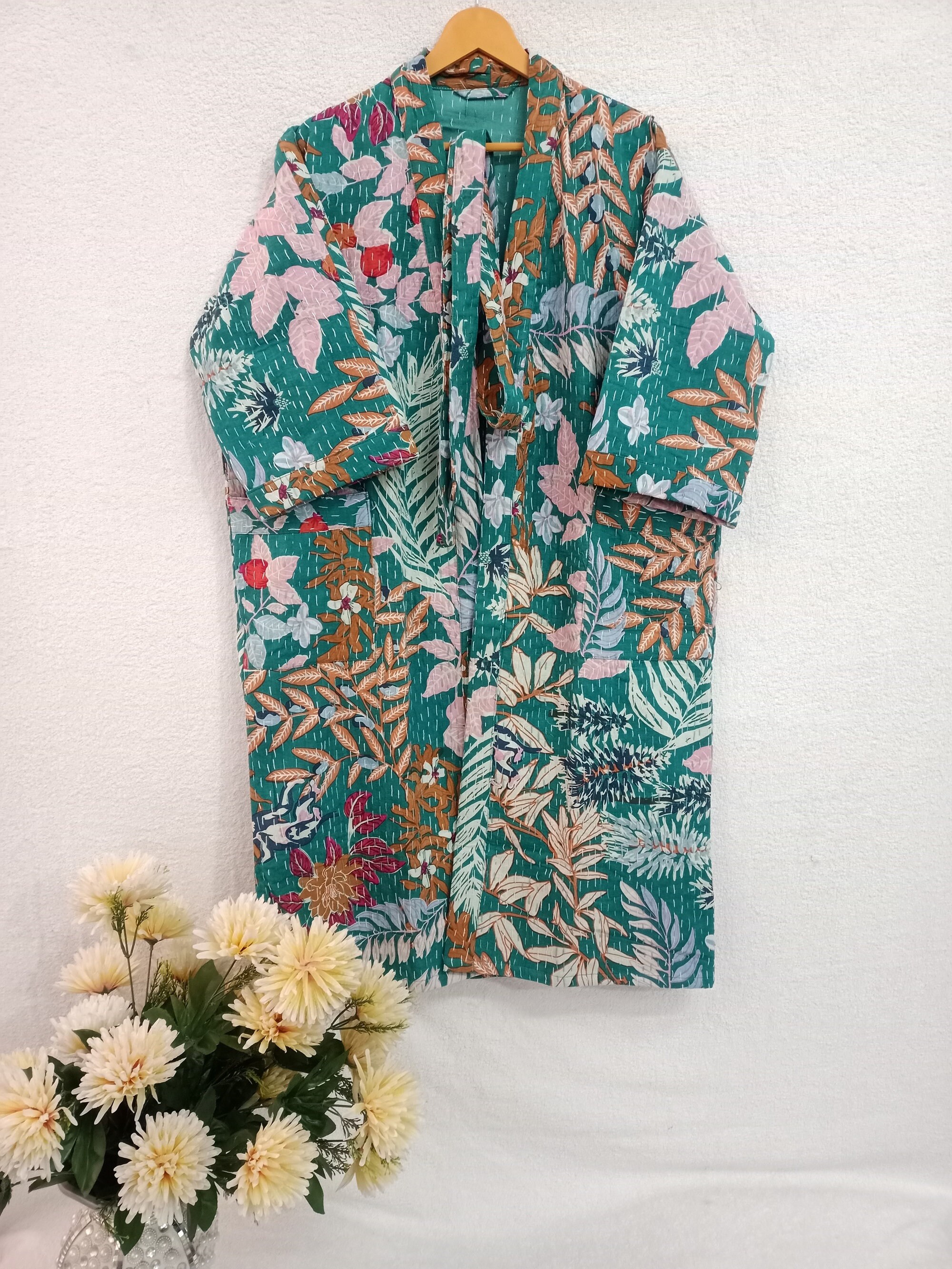 Women's Beach Bikini Cover up Robe, Jaipuri Print Handmade Kantha ...