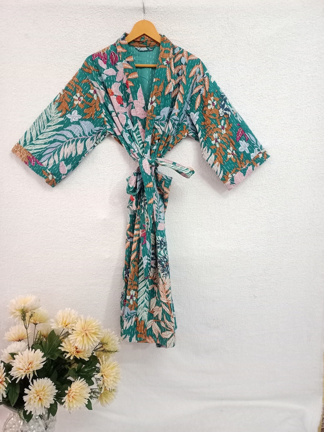 Women's Beach Bikini Cover up Robe, Jaipuri Print Handmade Kantha ...