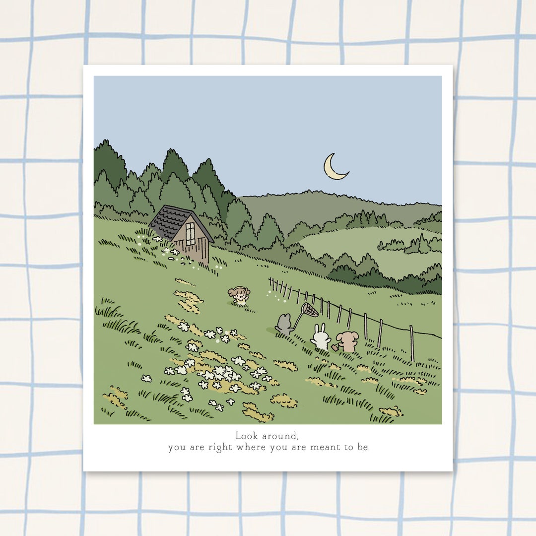 Green Hill Cottage Mini Art Print, Aesthetic Art Print, Lo-fi Art Mini ...