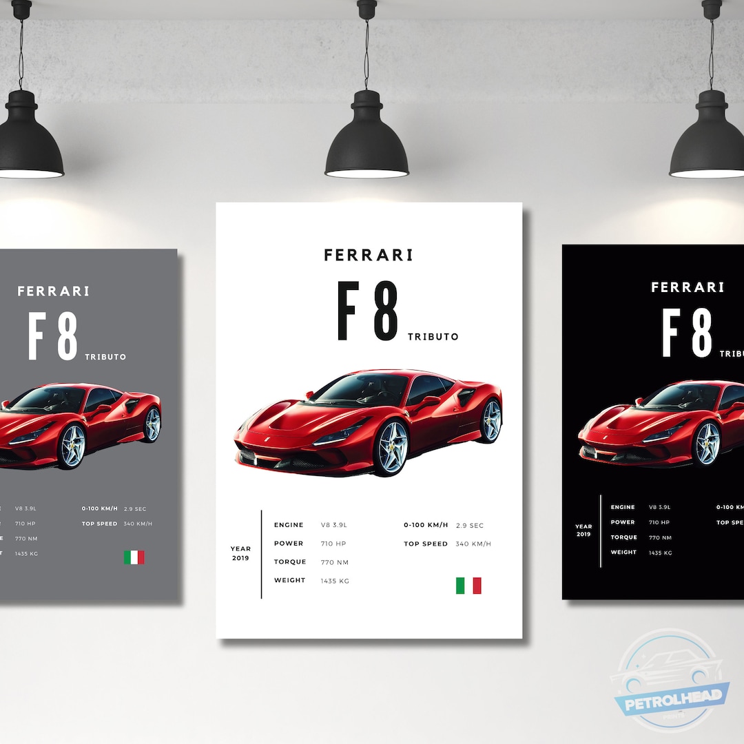 Ferrari Poster Print F8 Tributo Poster Sports Car Poster Wall Art Car ...