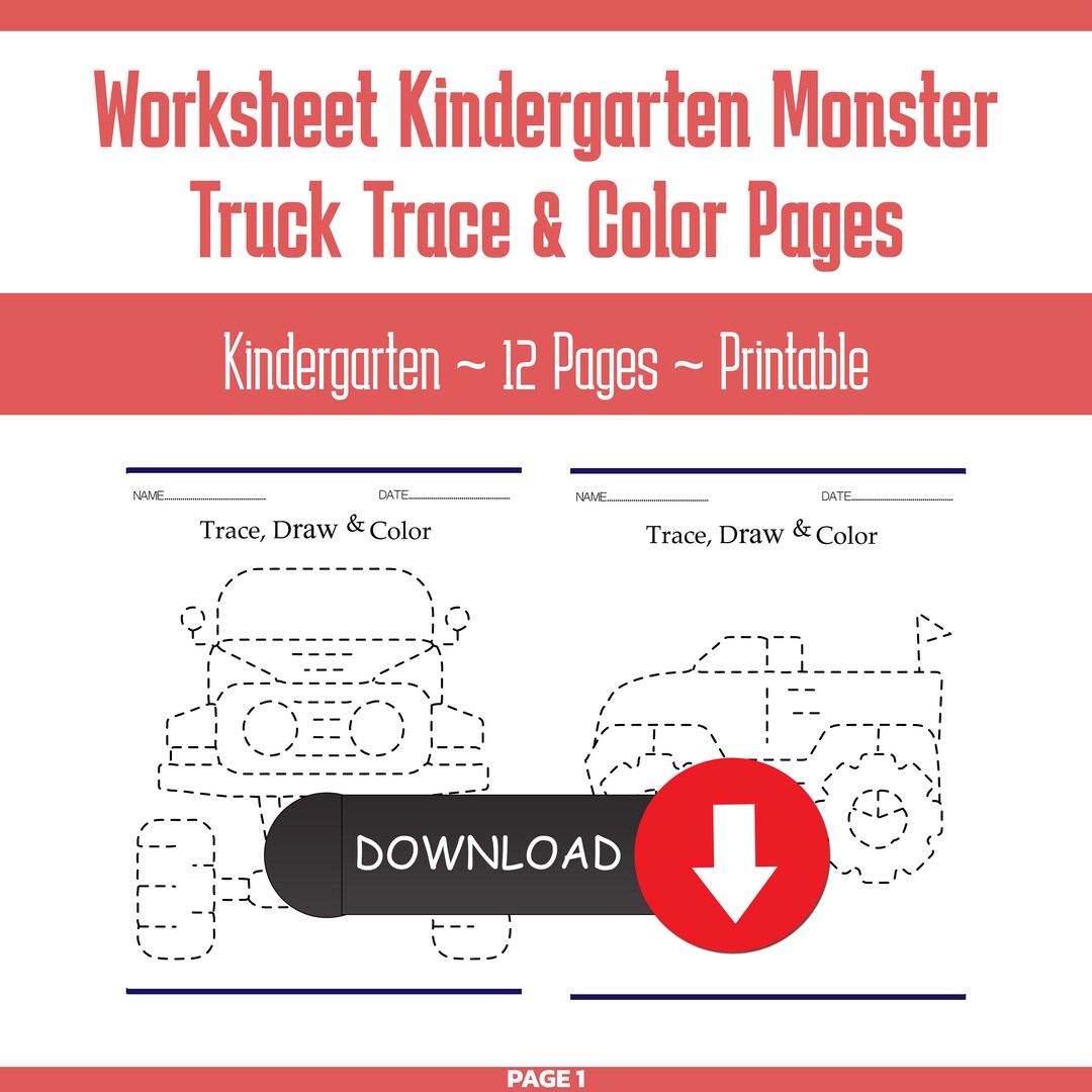 Worksheet Kindergarten Printable Monster Truck Trace & Color Pages ...