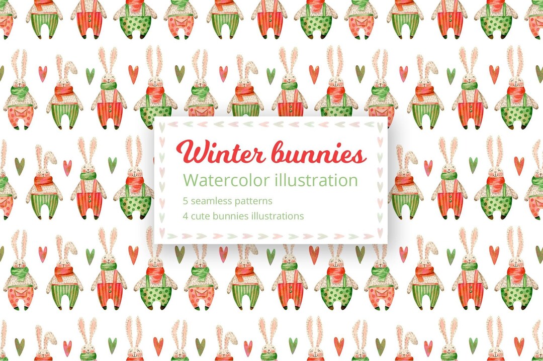 Winter Bunnies Watercolor Background. Seamless Pattern. Hand Drawn Cute ...