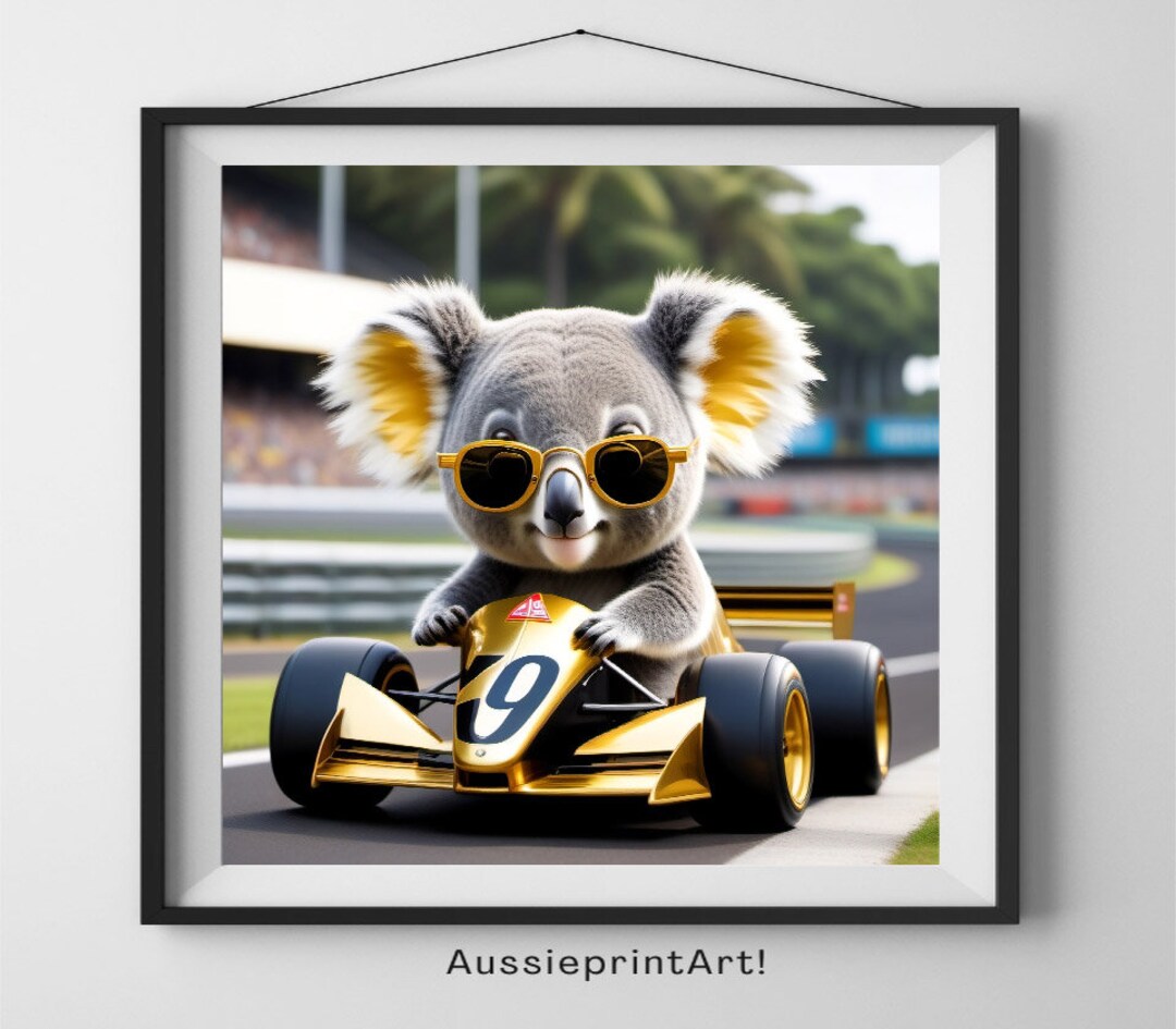 Koala Driving a Racing Car, Digital Art, Nursery, Children, Australia ...