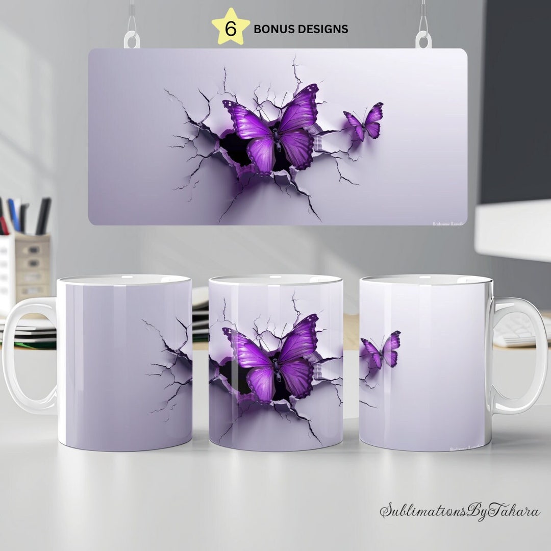 3d Purple Butterfly Hole in a Wall Mug Wrap 11oz 15oz Mug Template ...