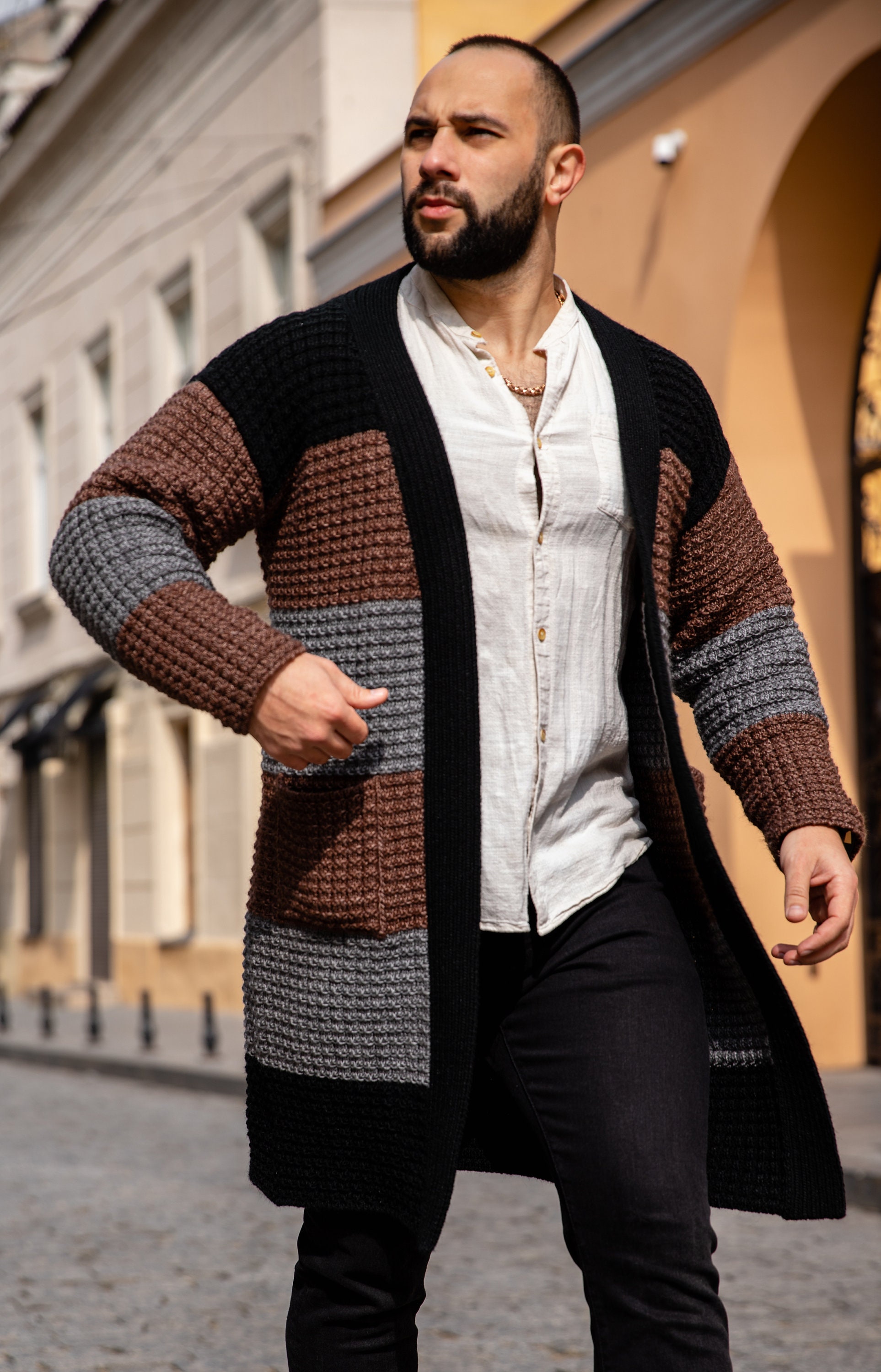 Crochet Cardigan for Mens, Oversized Cardigan in Colors Black/brown ...