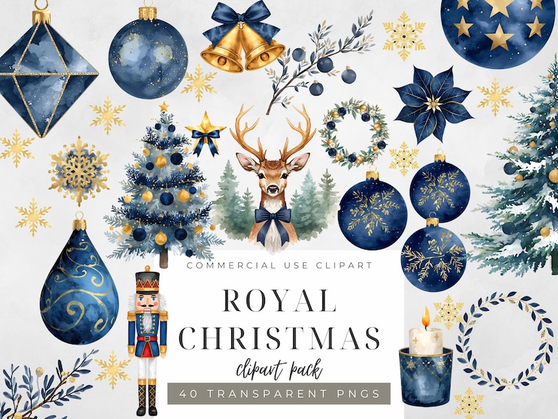 Royal Christmas Clipart Navy & Gold Watercolor Christmas Ornaments ...