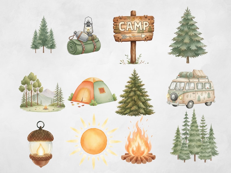 Little Campers Watercolor Clipart Pack, Woodland Animal Campers, Forest ...
