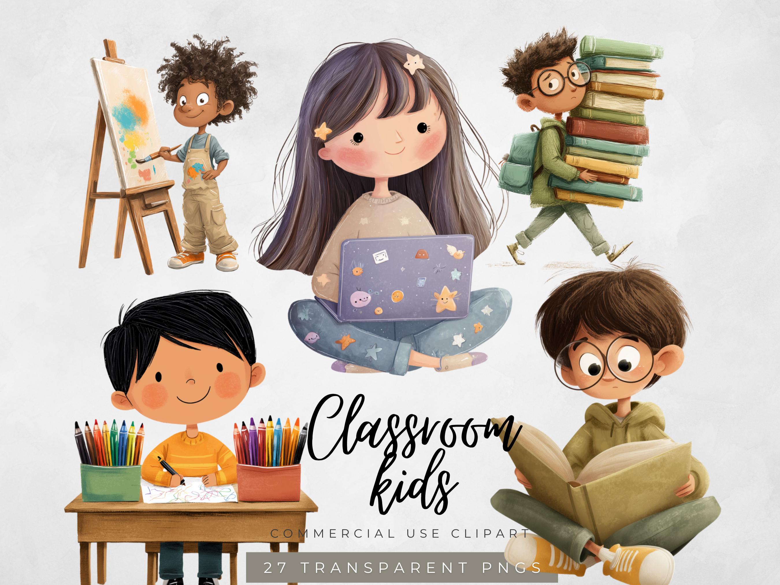 Diverse Classroom Kids Clipart Bundle, Elementary School Students PNG ...
