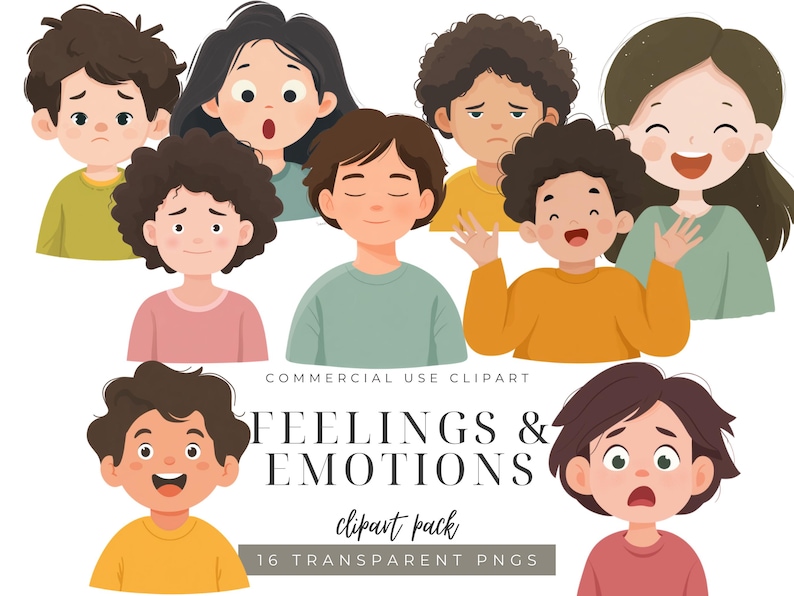 Kids Emotions Clipart Bundle, Children Feelings Faces, Expression Chart ...