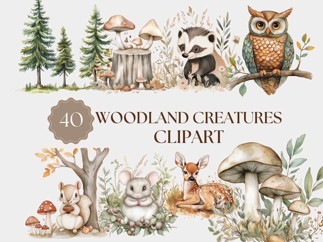 Woodland Animals and Trees Clipart Watercolor Jungle Illustrations ...