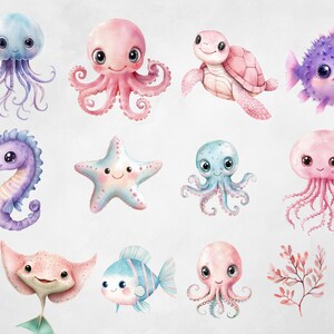 Watercolor Sea Creature Clipart: Pastel Ocean Animals PNG Set - Etsy